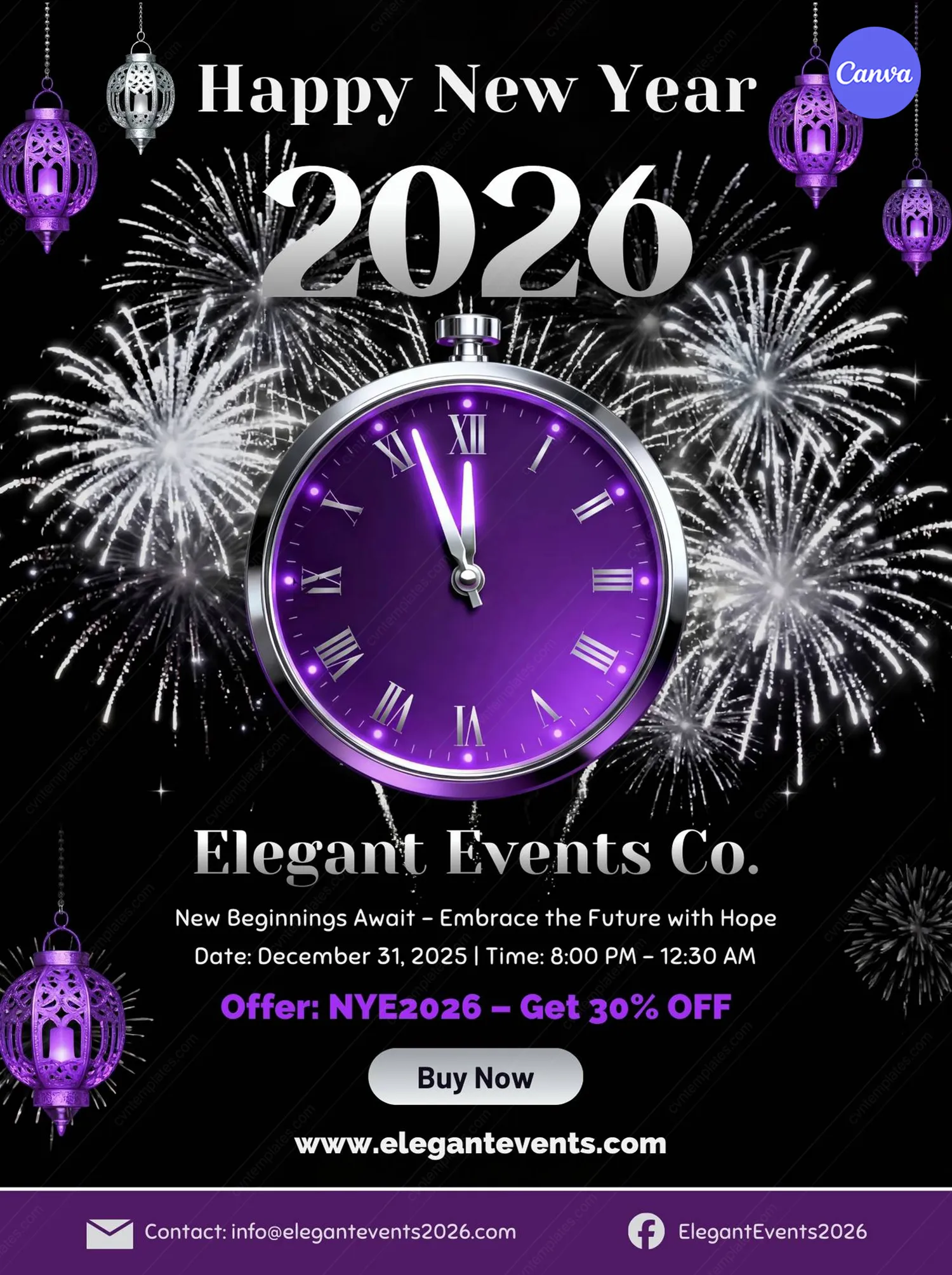 Elegant Purple Happy New Year 2026 Poster Template - Canva Templates